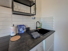 Apartamento, 1 quarto, terraço | Cozinha privada | Um frigorífico, um forno, uma placa de cozinha 