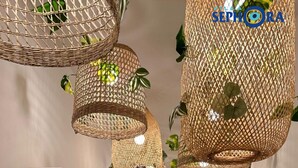 Um corredor com luminárias pendentes em tear e plantas, um letreiro de boas-vindas e uma decoração de parede que lembra um alvo.