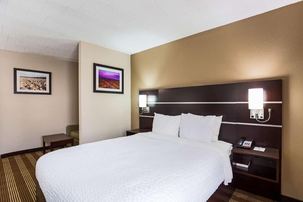 Quarto de hotel com uma cama grande, uma mesinha de cabeceira, uma cadeira e duas fotografias emolduradas na parede.