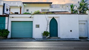 Um edifício branco com porta e porta de garagem verdes, rodeado por plantas e uma palmeira.
