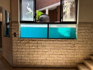 Janela com vista para um pássaro, uma planta e um painel decorativo.