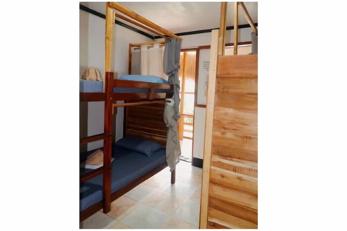 Quarto com beliche, escada de madeira, colchão azul e painel de parede de madeira.