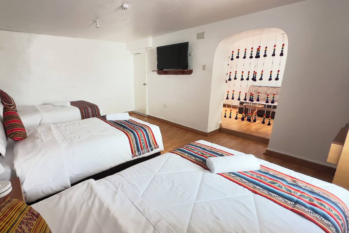 Quarto de hotel com duas camas, televisão de tela plana, televisão montada na parede e um objeto decorativo na parede.