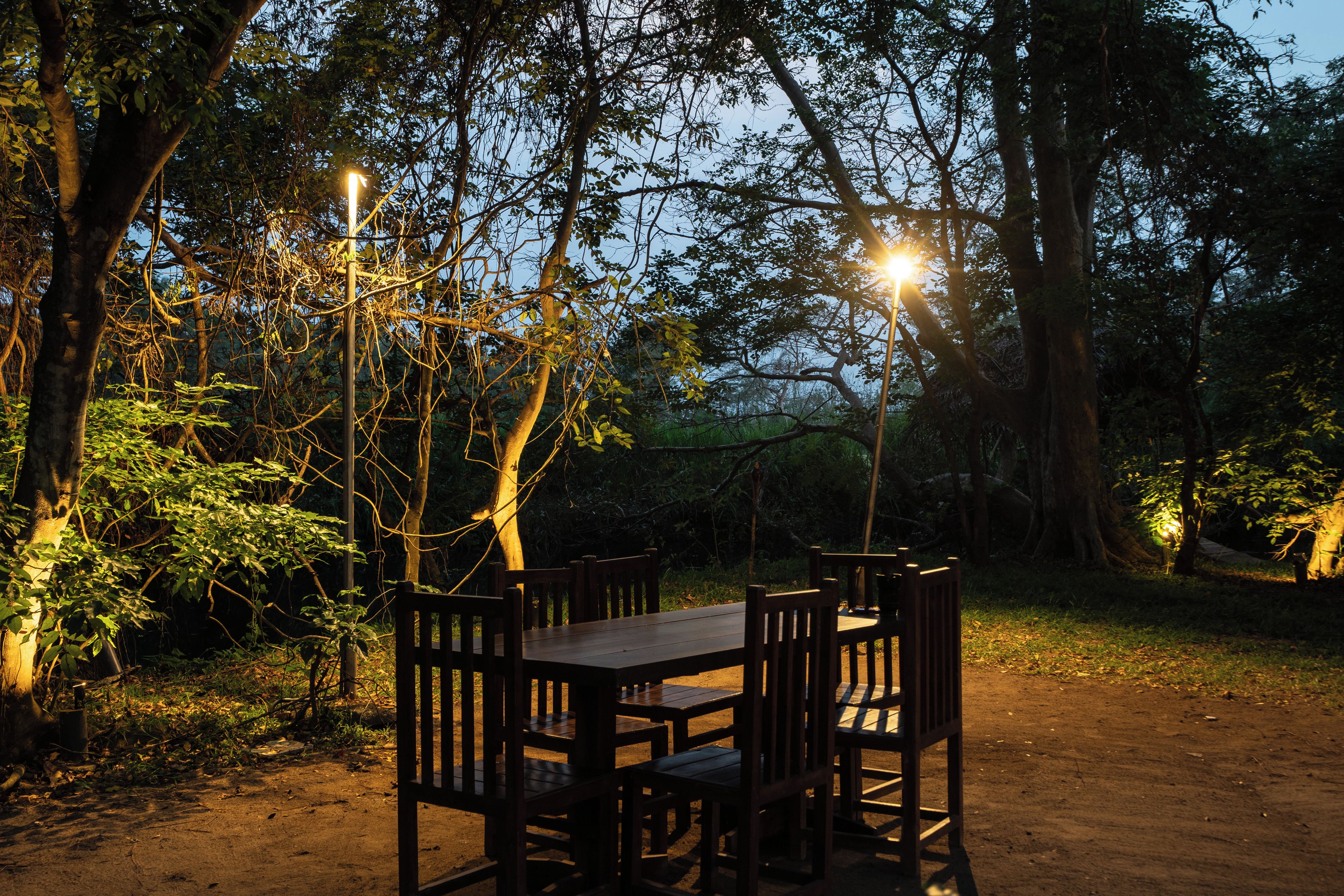 Uma área de refeições ao ar livre com mesa e cadeiras de madeira, cercada por árvores e iluminada por postes de luz.