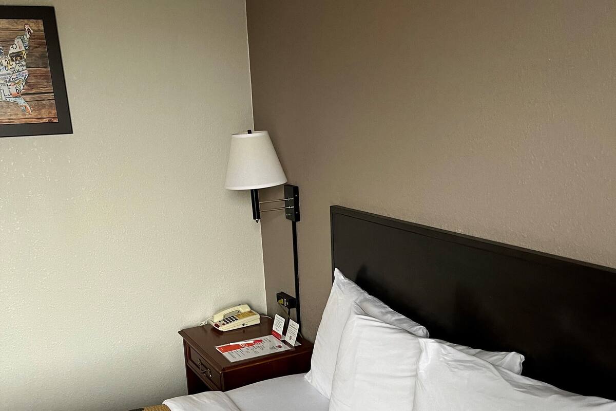 Quarto de hotel com cama, mesa de cabeceira com abajur, telefone e um quadro na parede.
