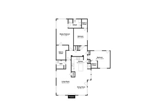 Planta baixa de uma casa com quarto principal, dois quartos menores, cozinha, sala de estar, sala de jantar, banheiro e lareira.