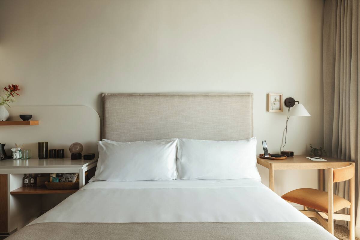 Quarto de hotel com cama, escrivaninha, cadeira, luminária e pequena mesa com uma planta.