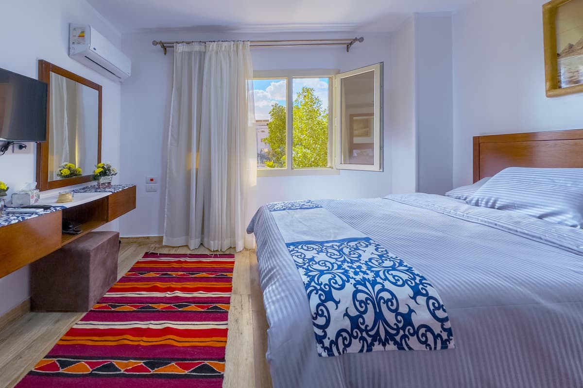 Quarto com cama, mesa de cabeceira, espelho, janela e um tapete colorido.