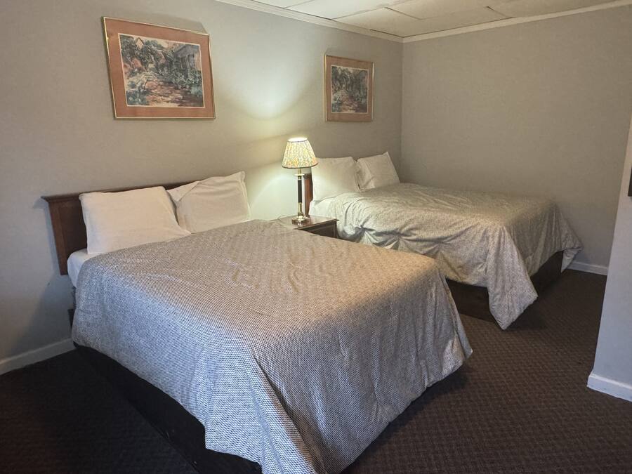 Quarto de hotel com duas camas, uma mesa de cabeceira, uma luminária e duas imagens emolduradas na parede.
