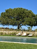 Piscina externa, funciona das 9h às 19h, guarda-sóis, espreguiçadeiras