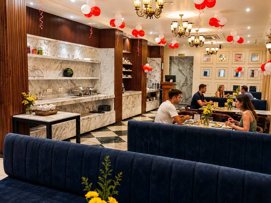 Restaurante com bancadas de mármore, assentos estofados em azul e balões vermelhos e brancos.