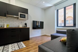 Apartamento Deluxe, varanda, Vista para a cidade | Cozinha privada | Um frigorífico/congelador grande, um micro-ondas, uma placa de cozinha