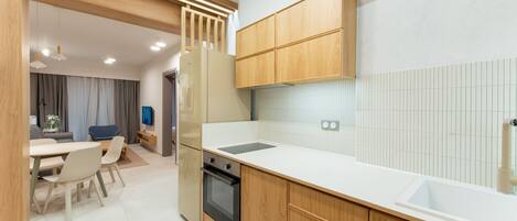 Apartamento urbano | Cozinha privada | Geladeira grande, máquina de café expresso, cafeteira/chaleira