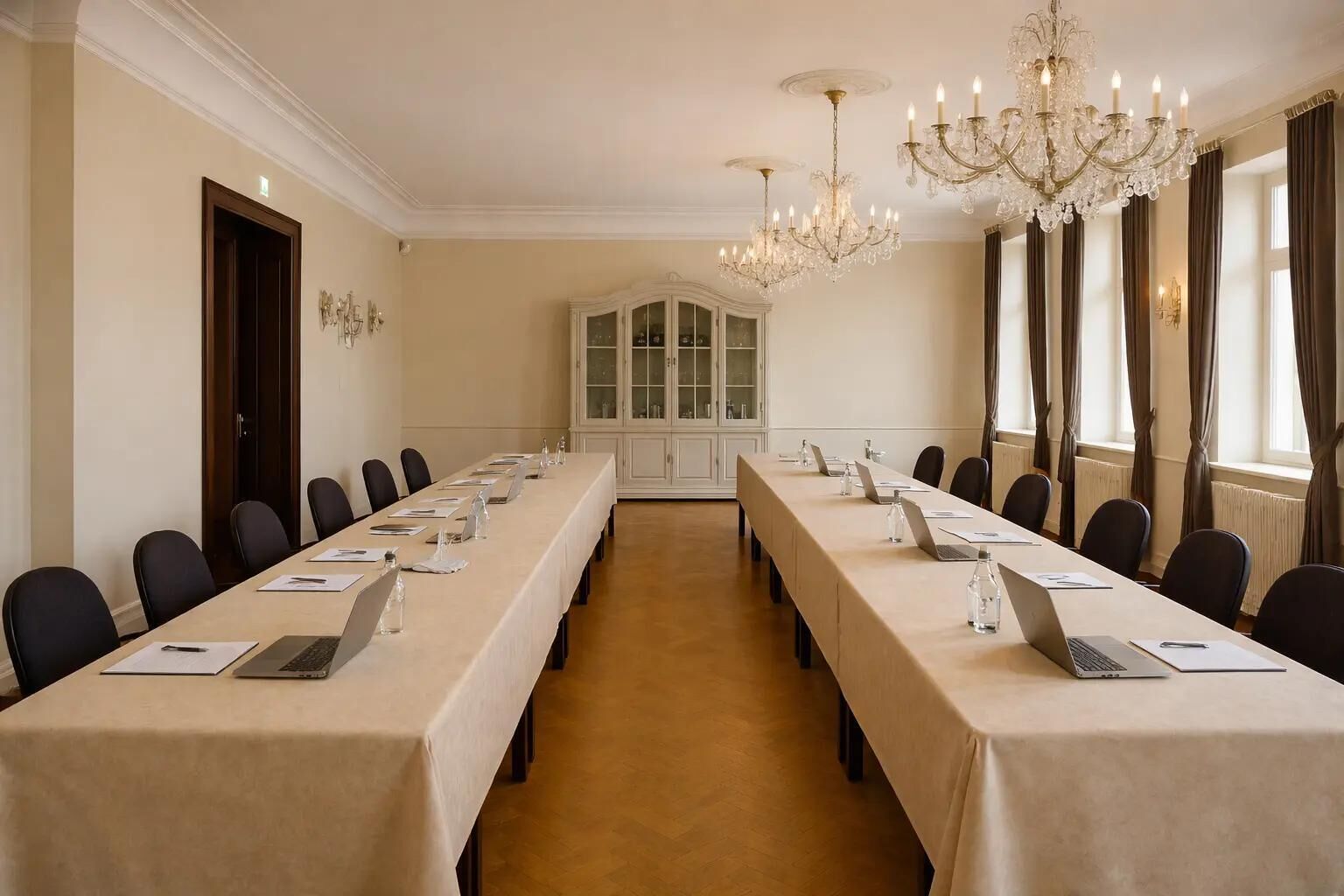 Uma sala de conferências com uma mesa comprida, cadeiras, laptops e um lustre.