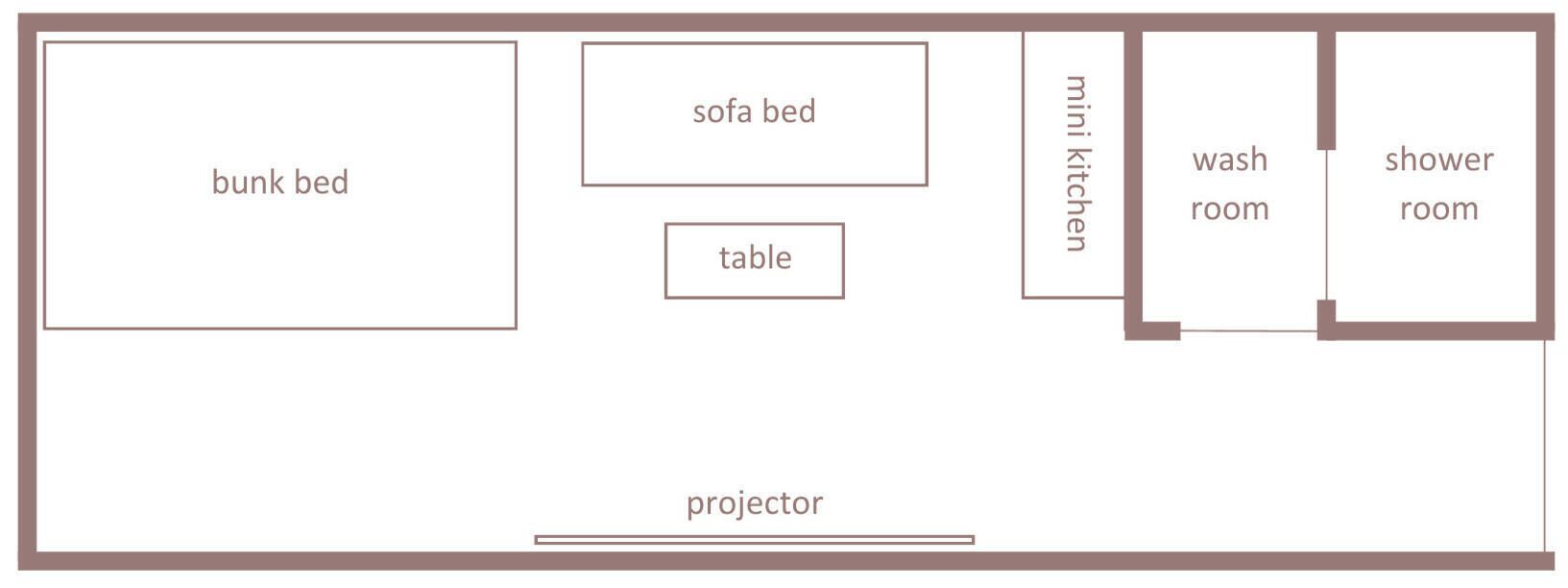 Layout de quarto com beliche, sofá-cama, mesa, minicozinha, banheiro de serviço e chuveiro.