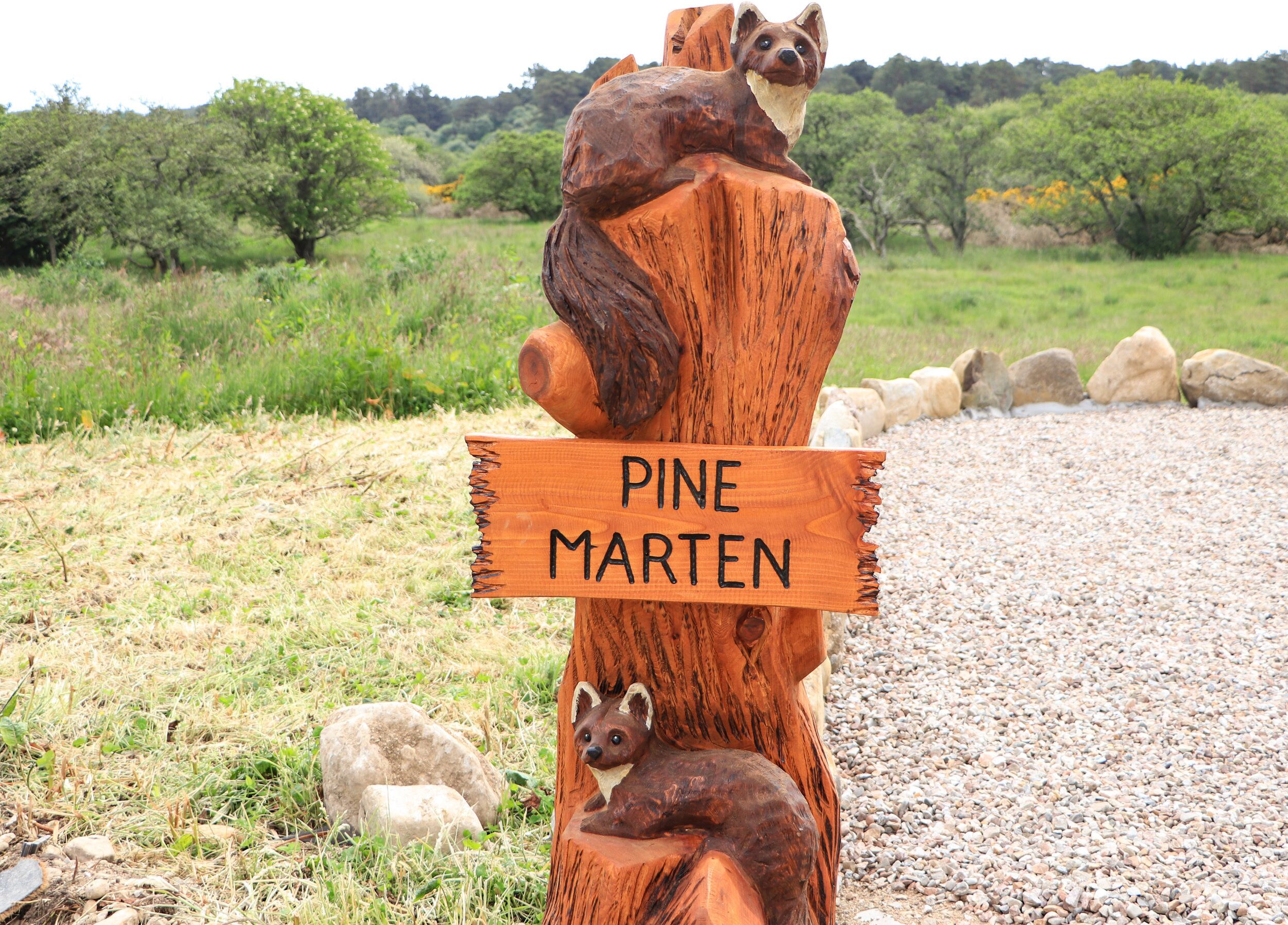 Uma placa de madeira com esculturas de animais e o texto 'Pine Marten'.