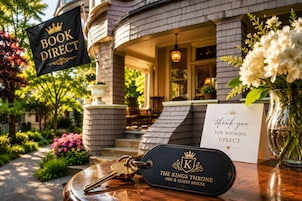 Um sinal de 'RESERVEI DIRETAMENTE', um bilhete de agradecimento por reservar diretamente, chaves e um sinal de 'THE KINGS THRONE INN & GUEST HOUSE'.