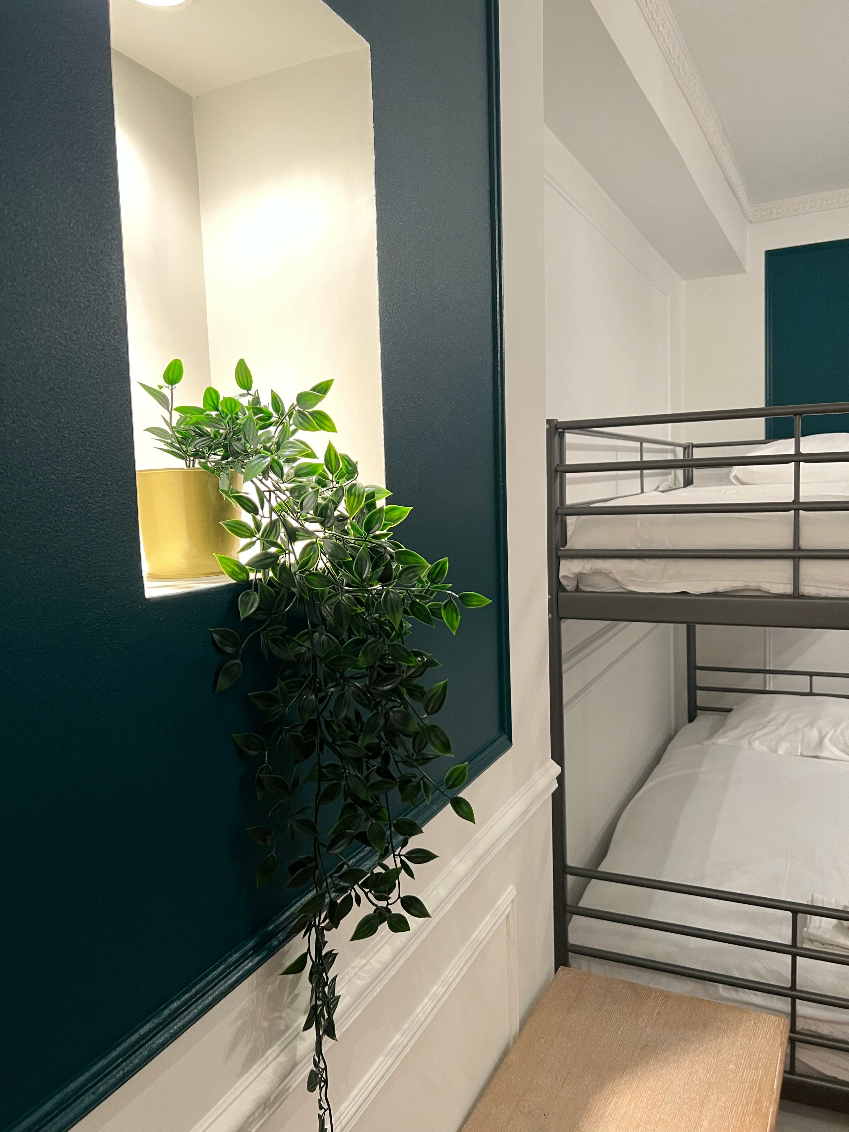 Quarto com beliche, espelho, planta em vaso e uma mesinha.
