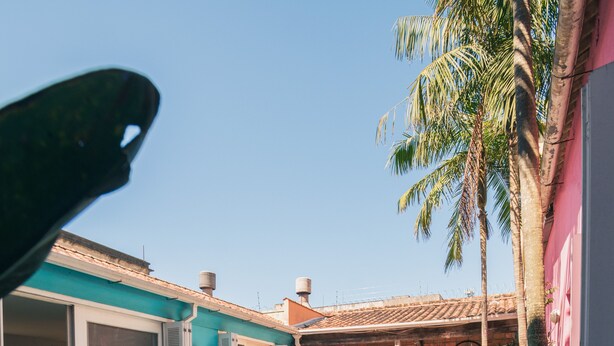 Uma piscina com deck revestido, rodeada por plantas em vasos e uma rede.
