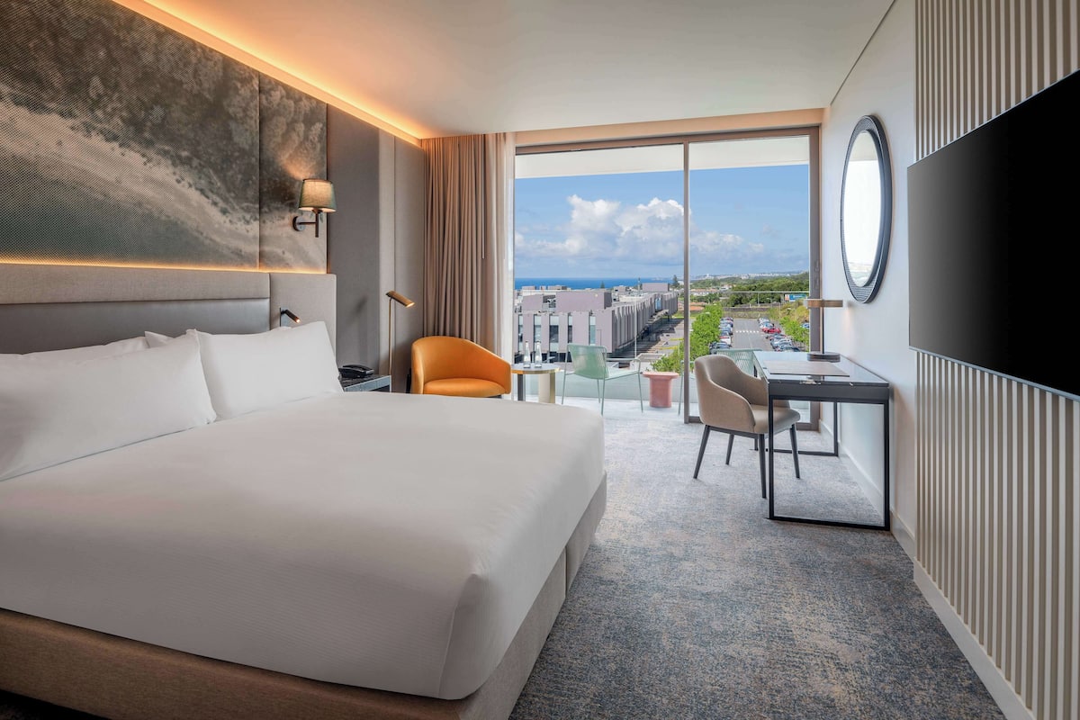 Quarto de hotel com uma cama grande, uma escrivaninha, uma cadeira, uma televisão e vista para a cidade.