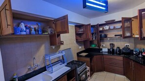 Apartamento Familiar | Cozinha privada | Um frigorífico, um micro-ondas, utensílios de cozinha, mesas de jantar