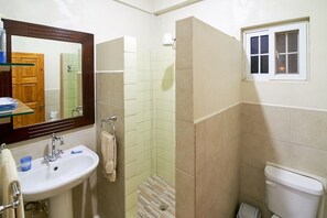 Casa de banho com lavatório, espelho, toalheiro, chuveiro e sanita.