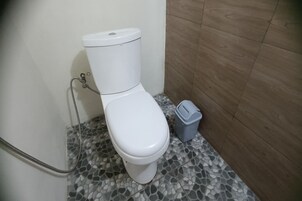 Chuveiro, toalhas de banho, sabonete 