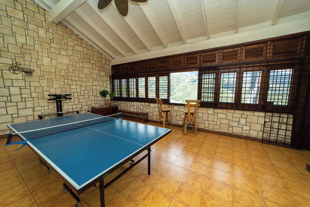 Mesa de pingue-pongue em um quarto com piso de azulejos, parede de tijolos e uma grande janela com vista.