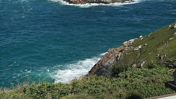 Piscina com água azul cristalina, rodeada por vegetação e com vista para um litoral rochoso e o oceano ao fundo.