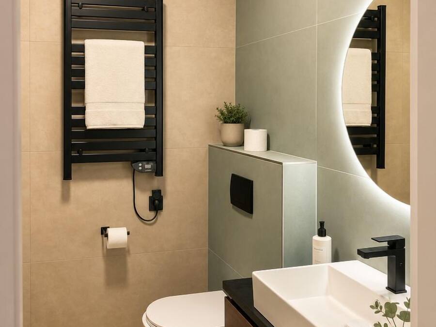 Uma casa de banho moderna com sanita, lavatório, espelho e porta-toalhas.