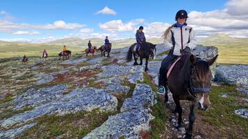 Um grupo de pessoas a cavalo em terreno rochoso, com montanhas ao fundo.