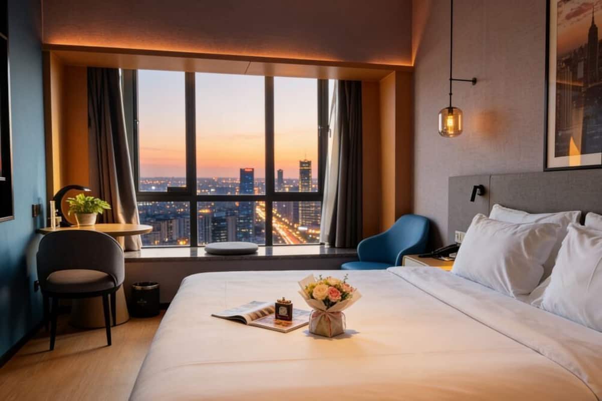 Quarto de hotel com uma cama grande, uma escrivaninha com cadeira, janela com vista para a cidade e luminária suspensa.