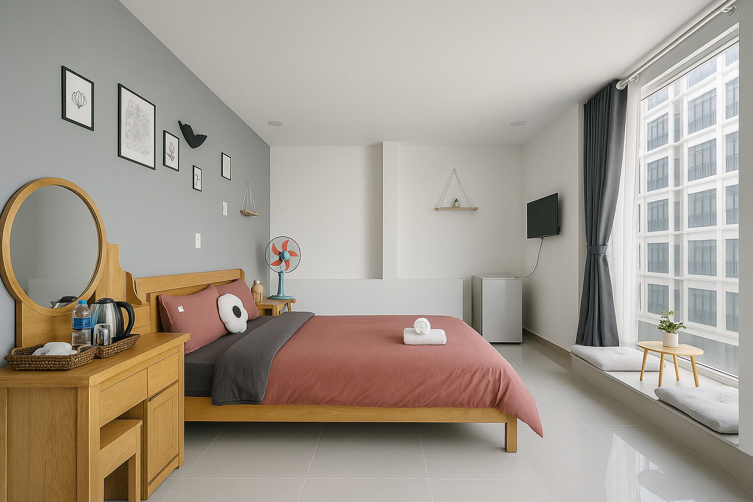 Quarto moderno com cama, mesa de cabeceira, cômoda e uma grande janela com cortinas.