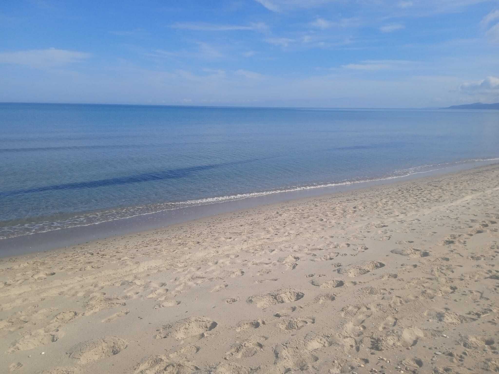 Uma praia de areia com pegadas que vão até a água.