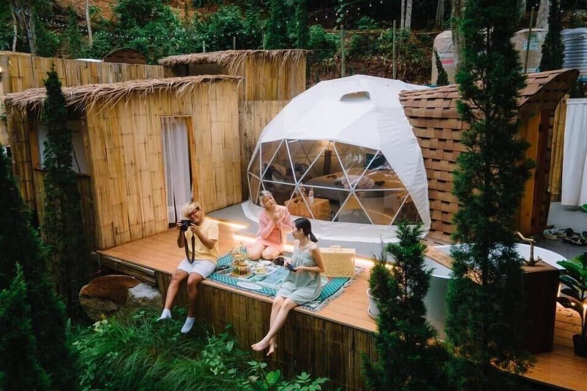 Estrutura em cúpula geodésica com deck de madeira e área de estar, rodeada por vegetação exuberante.