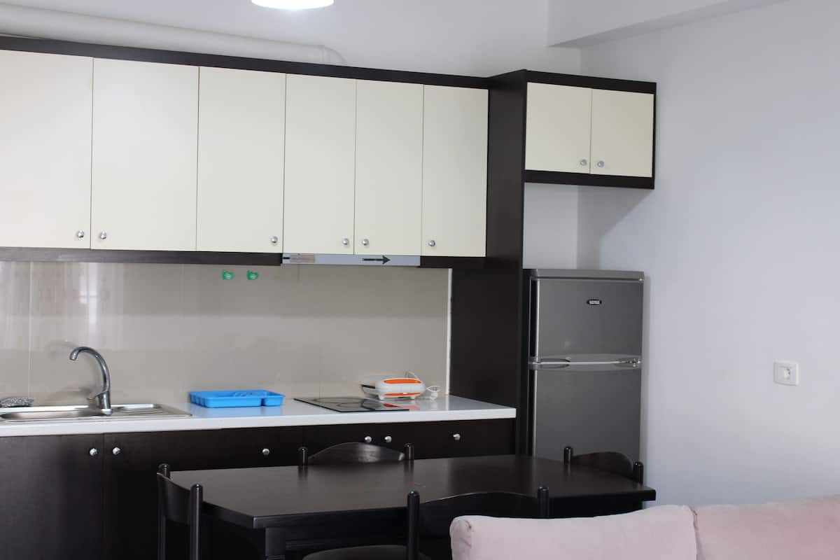 Um frigorífico/congelador grande, um forno, uma máquina de lavar louça