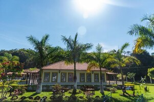 Um edifício amarelo com telhado de azulejos, rodeado por palmeiras e um jardim bem cuidado.