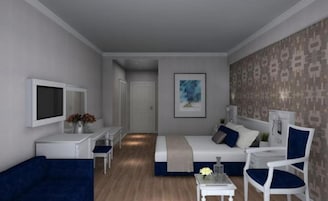 Quarto de hotel moderno com uma cama, uma mesa de escritório, uma cadeira, uma televisão e um quadro na parede.
