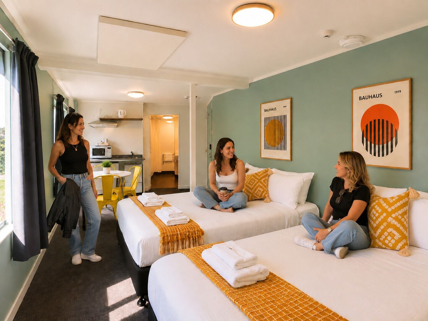 Quarto de hotel com duas camas, cozinha compacta e obras de arte nas paredes.