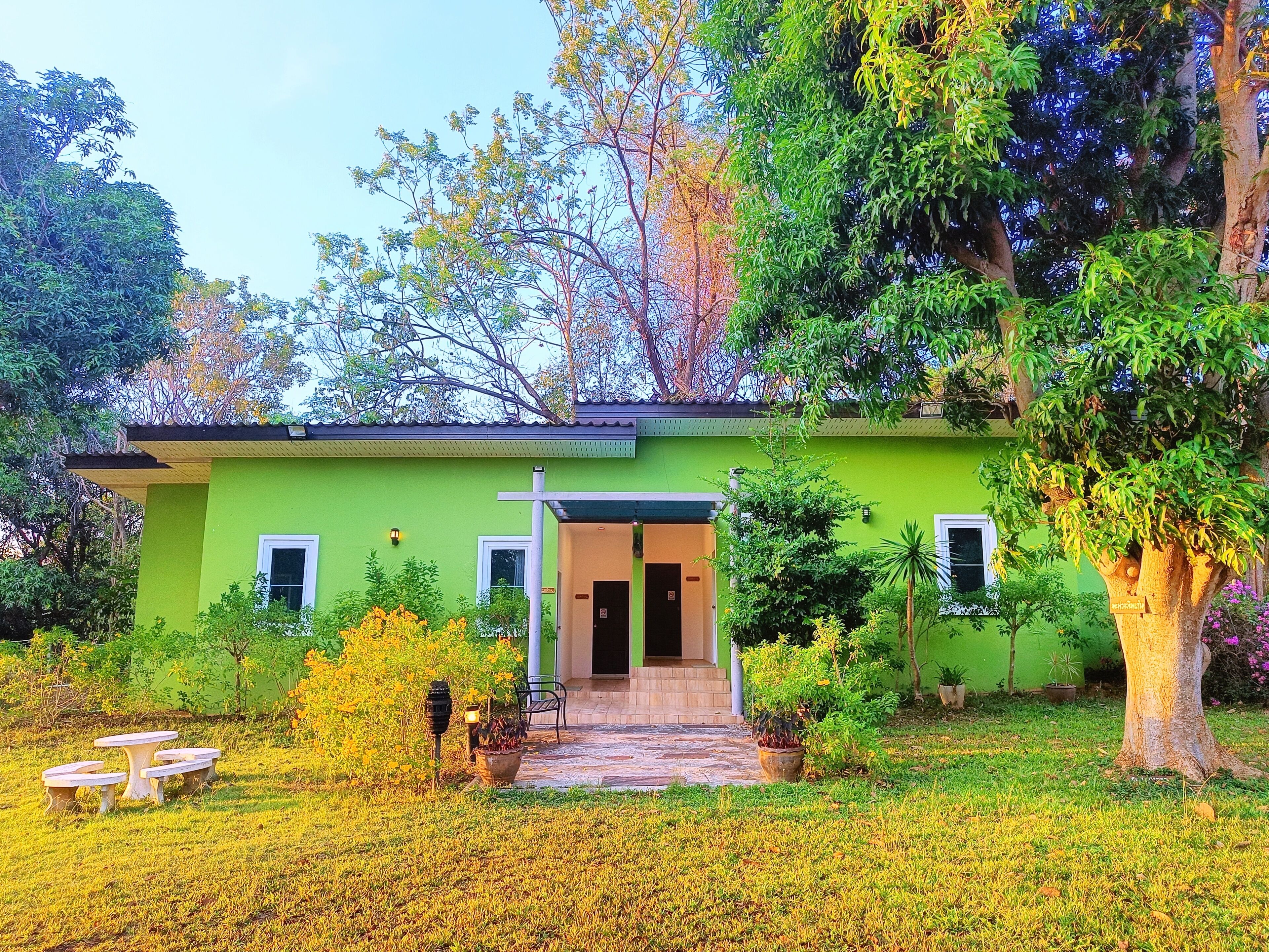 Um edifício verde com entrada frontal, um pequeno pátio com mesa e cadeiras, e uma grande árvore em primeiro plano.