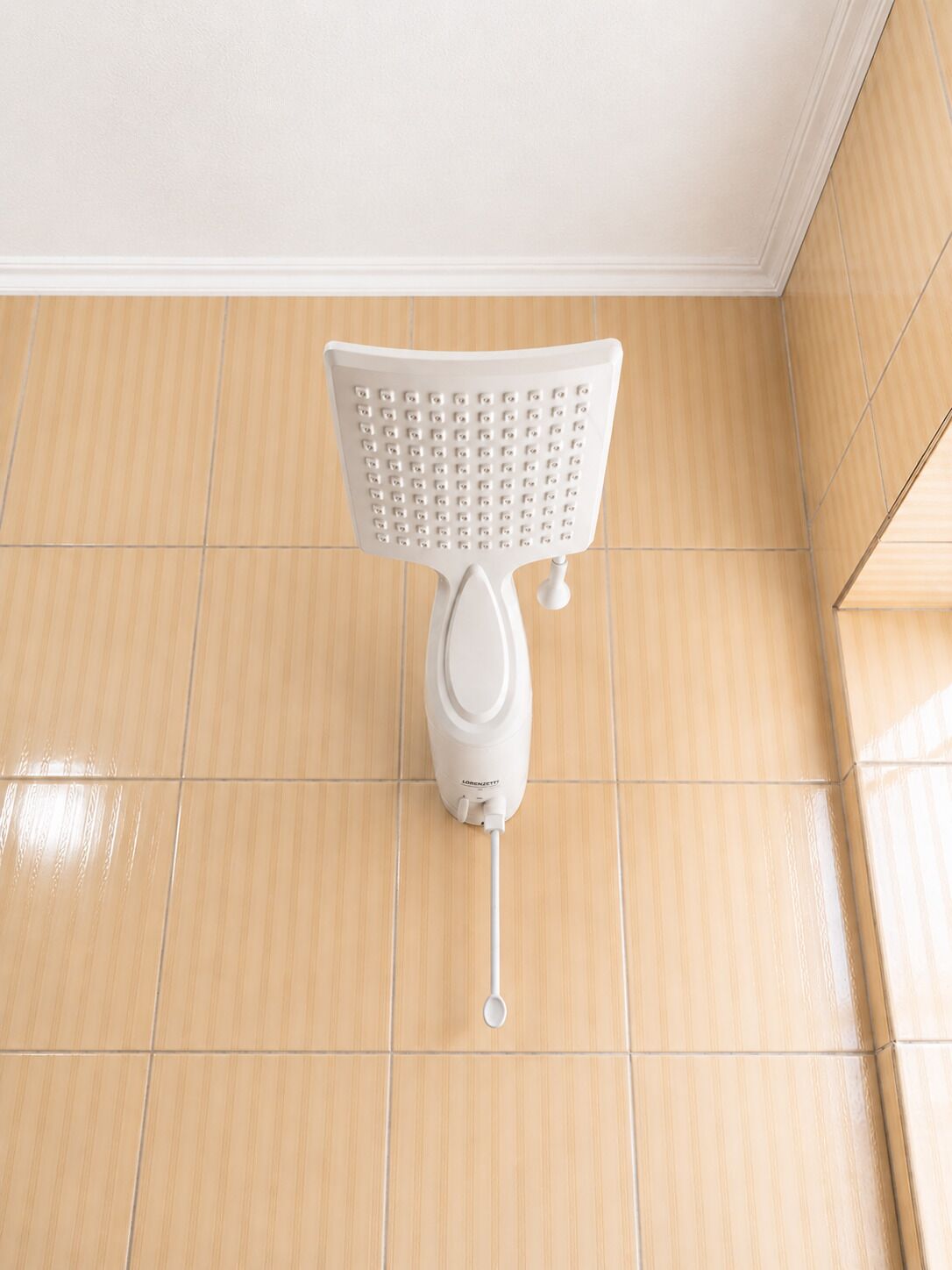 Sanita com assento branco e pulverizador de bidé fixado na parede.