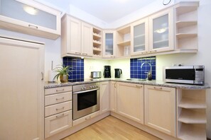 Apartamento, 2 quartos, sauna seca | Cozinha privada | Geladeira grande, micro-ondas, fogão, cooktop