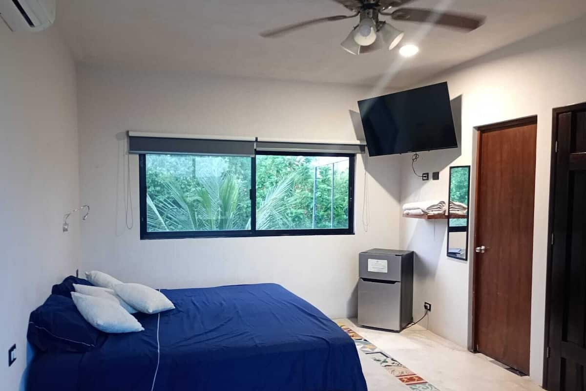 Quarto com cama, ventoinha no teto, televisão fixada na parede, janela com vista para vegetação e porta.