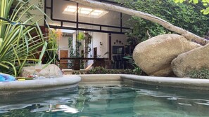 Uma área de piscina com pedras grandes, uma mesa de vidro e diversas plantas.