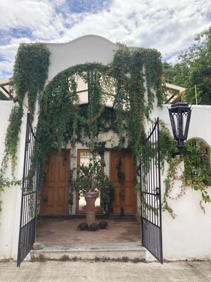 Um edifício branco com entrada coberta, uma porta de madeira e um vaso de planta.
