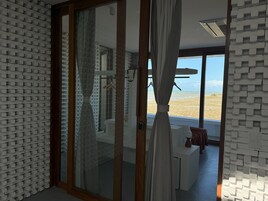 Suíte superluxo, sacada, vista para o mar | 1 quarto, roupas de cama premium, camas Select Comfort, frigobar