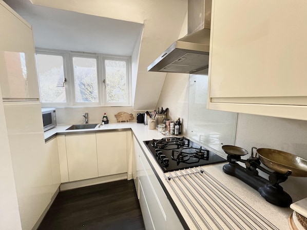 Apartamento | Cozinha privada | Geladeira, micro-ondas, fogão, cooktop