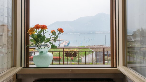 Uma janela com um vaso de flores e vista para um lago e montanhas.