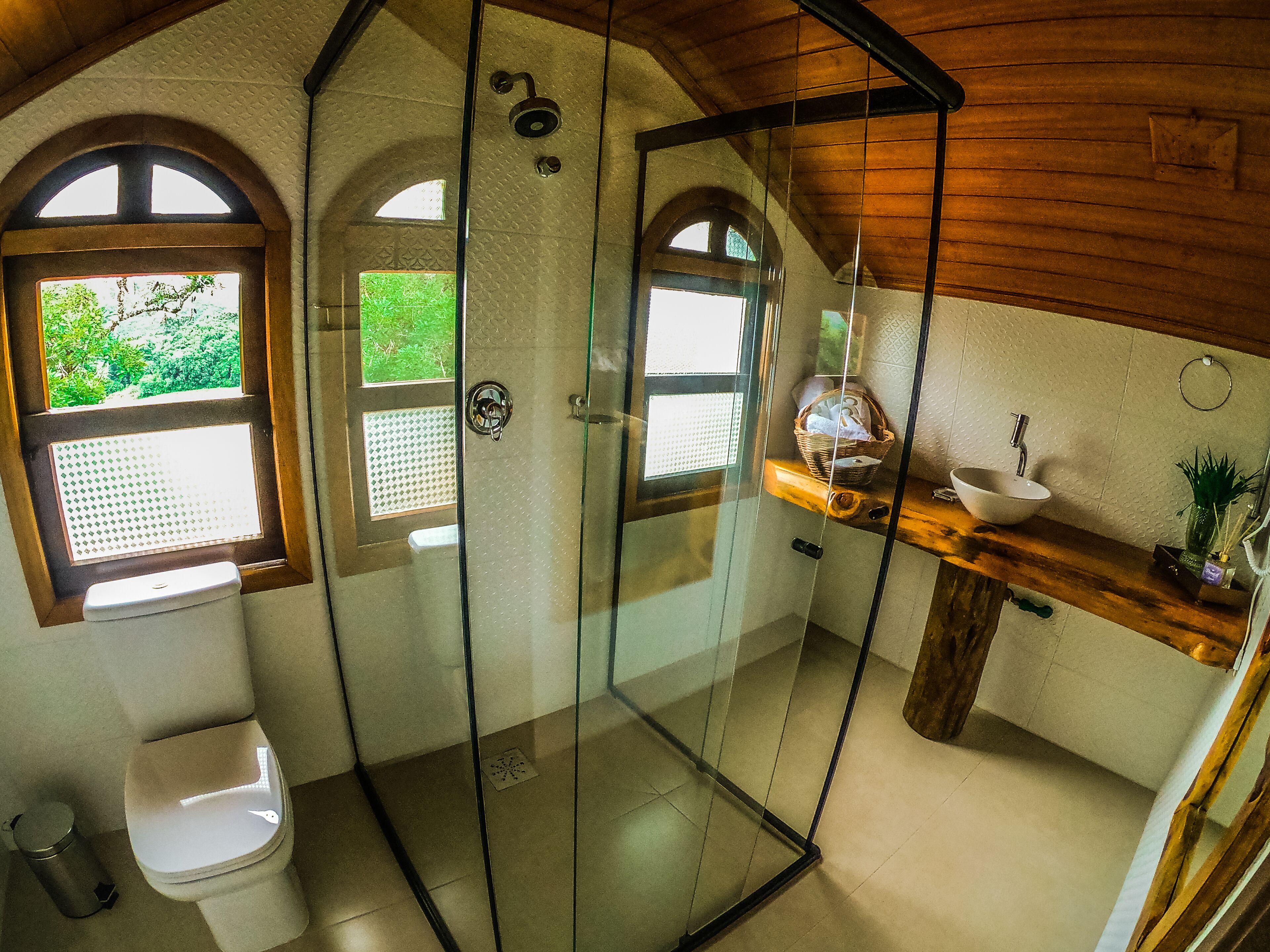 Casa de banho com cabine de duche em vidro, sanita e lavatório com bancada de madeira.
