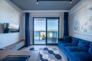 Apartamento família, várias camas, cozinha americana, vista para o mar | Roupas de cama de algodão egípcio, roupas de cama premium